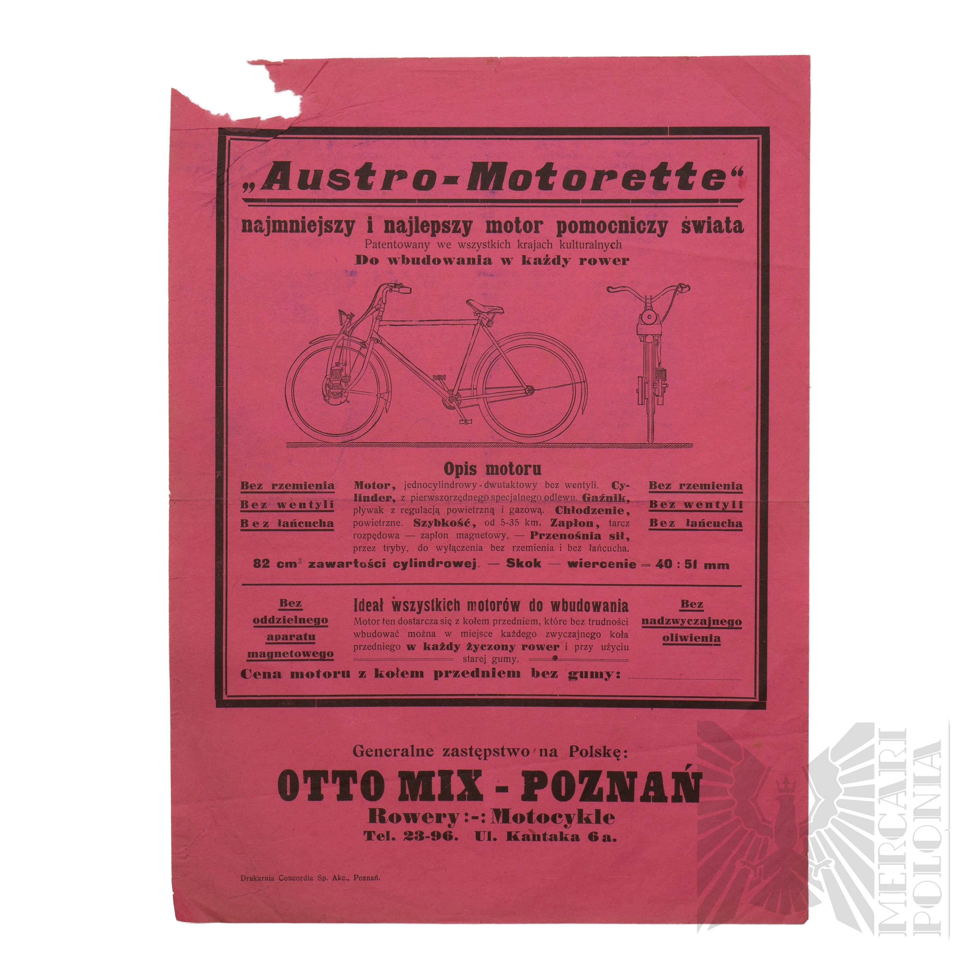 II RP - Ulotka Reklamowa Motoru Rowerowego Austro-Motorette Firmy Otto ...