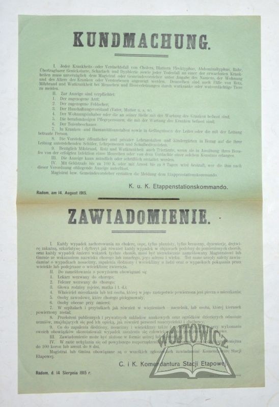 ZAWIADOMIENIE. Każdy wypadek zachorowania na cholerę, ospę, tyfus ...