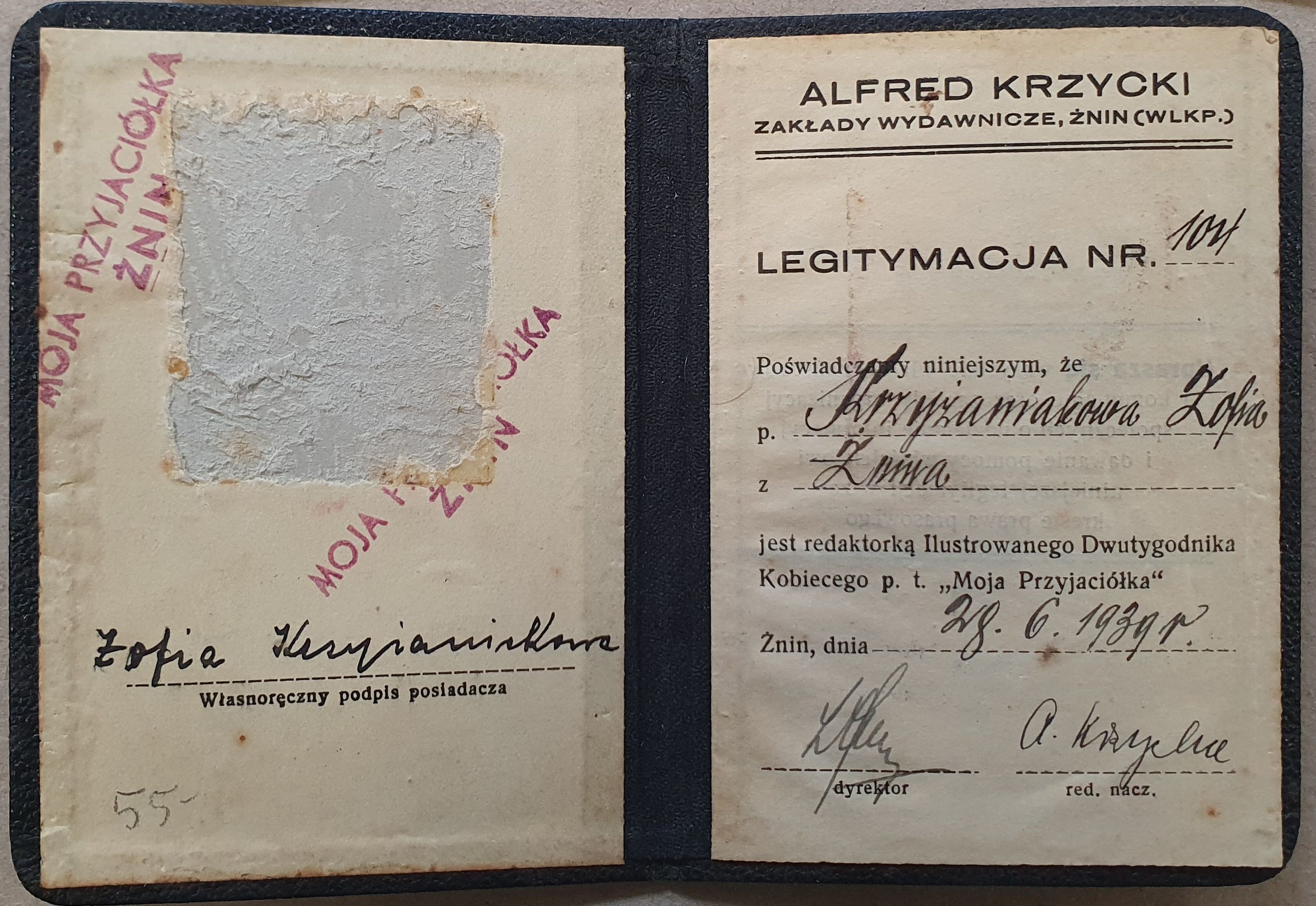 Legitymacja prasowa z 1939r., Zofia Krzyżaniakowa (Zawadzka) - „Moja ... Legitymacja prasowa z 1939r., Zofia Krzyżaniakowa (Zawadzka) - „Moja ...
