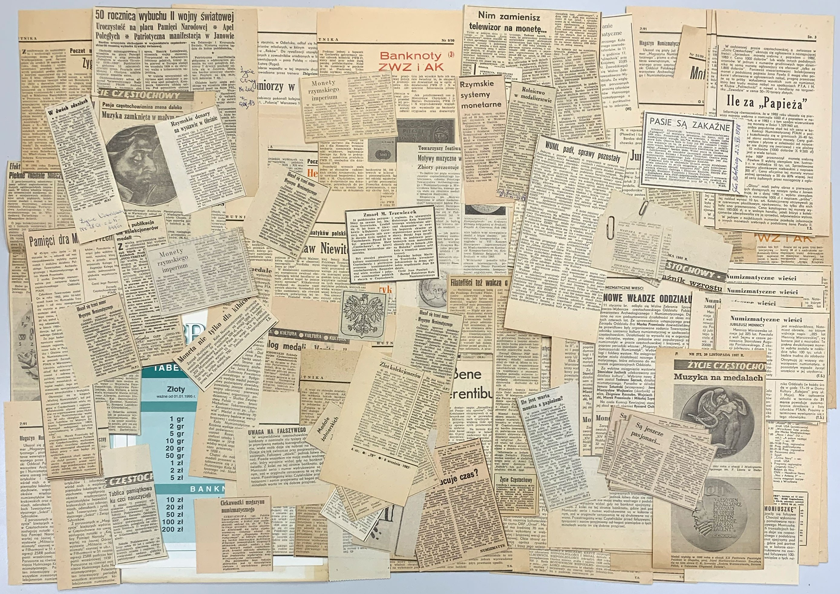 Wycinki z gazet o tematyce numizmatycznej z lat 1990-91; Tabele ...