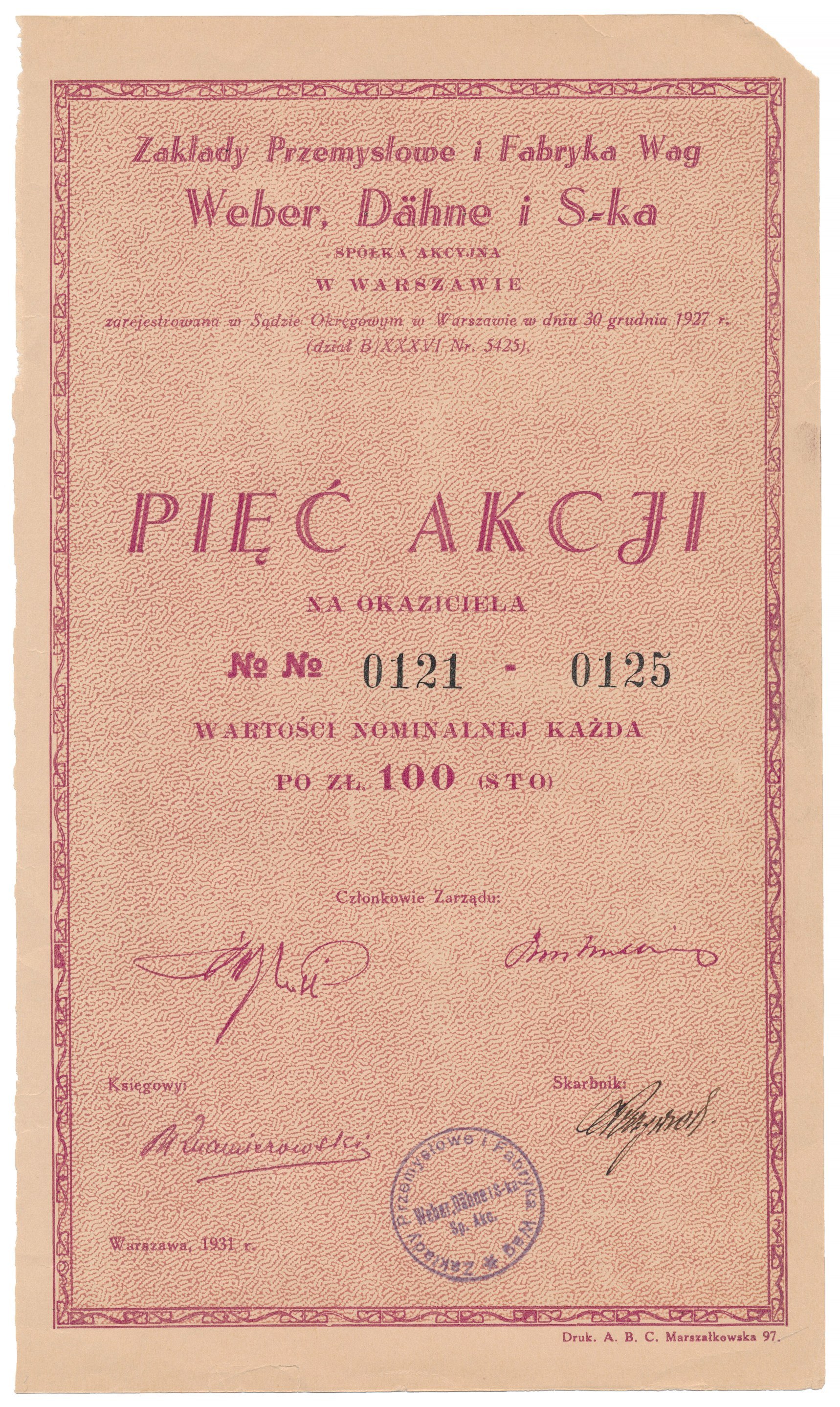 Zakłady Przemysłowe i Fabryka Wag "Weber, Dahne i S-ka", 5x 100 zł 1931 ...