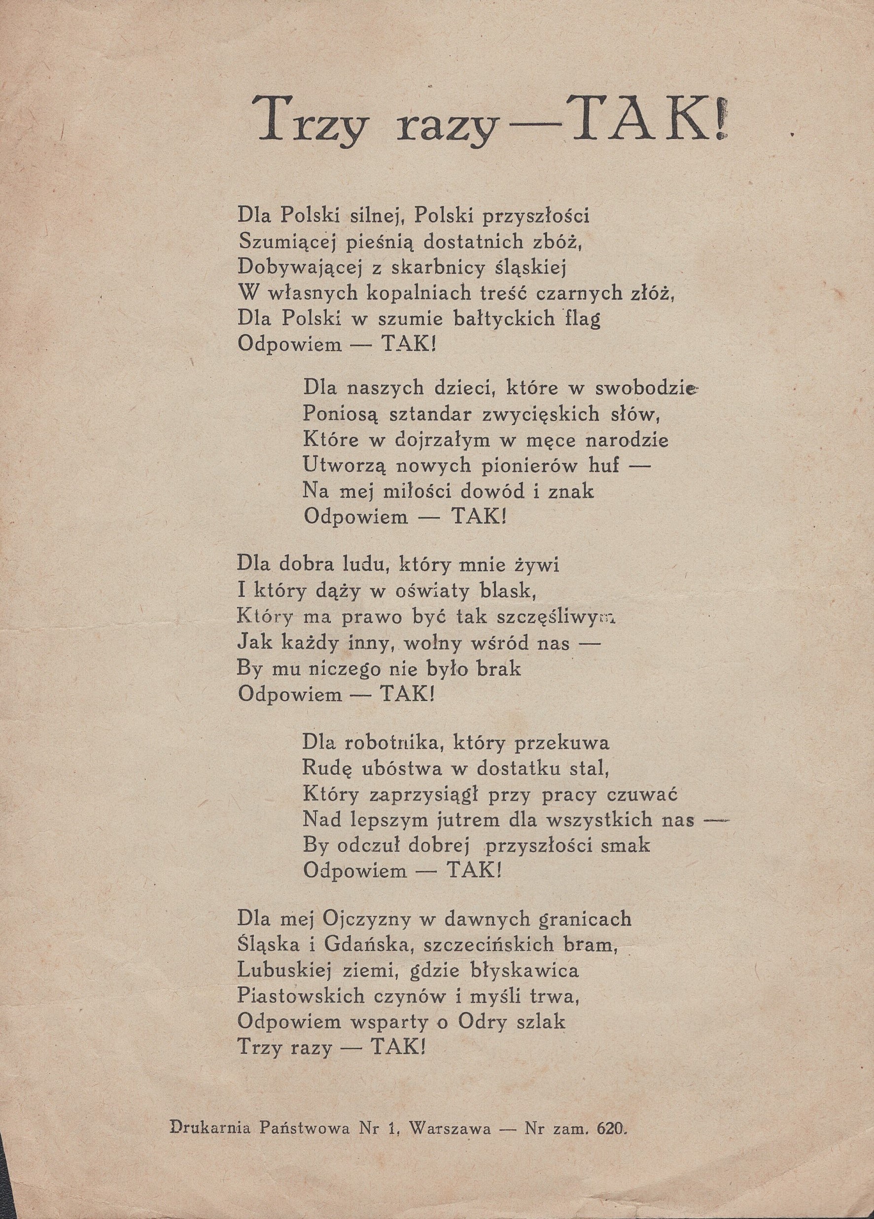 Trzy razy - TAK! [druk ulotny z okresu wyborów 1946 roku) - Aukcja ...