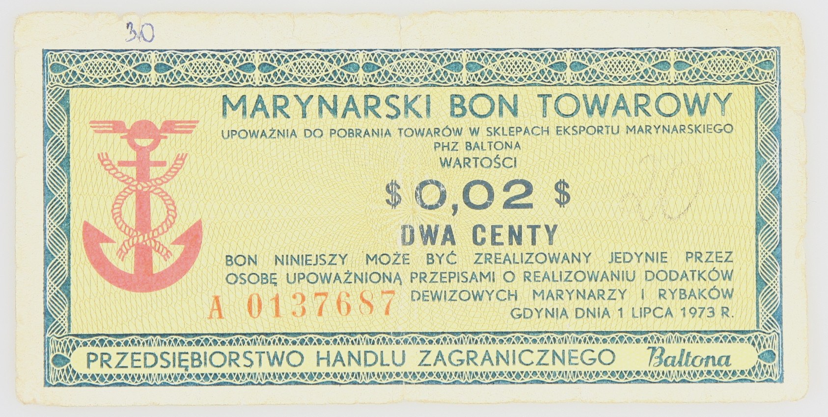 PRL 1944 - 1989, BALTONA MARYNARSKI BON TOWAROWY, 2 CENTY, 1.07.1973 ...