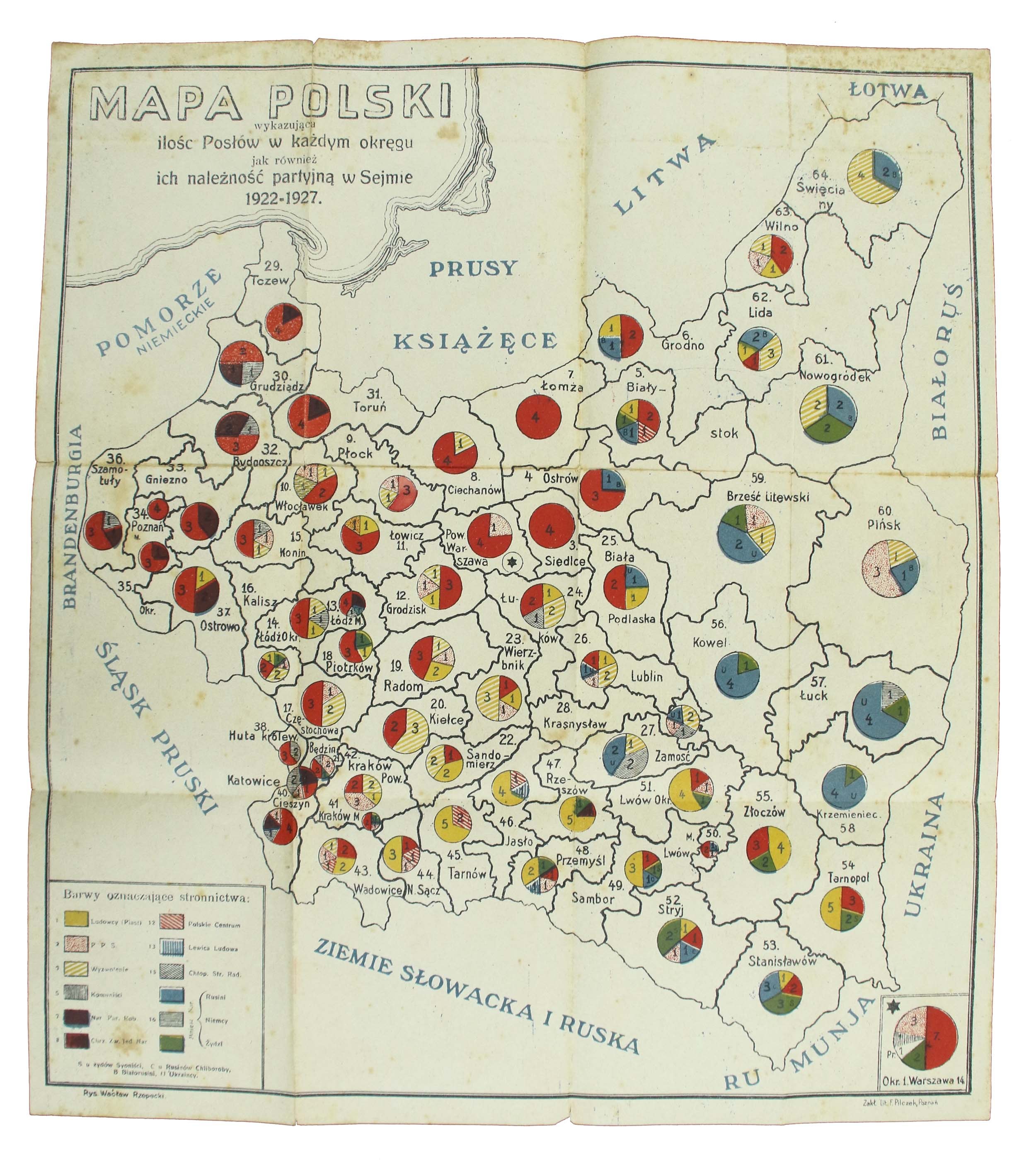 Map of Poland showing number of deputies in each district, Sejm 1922 ...