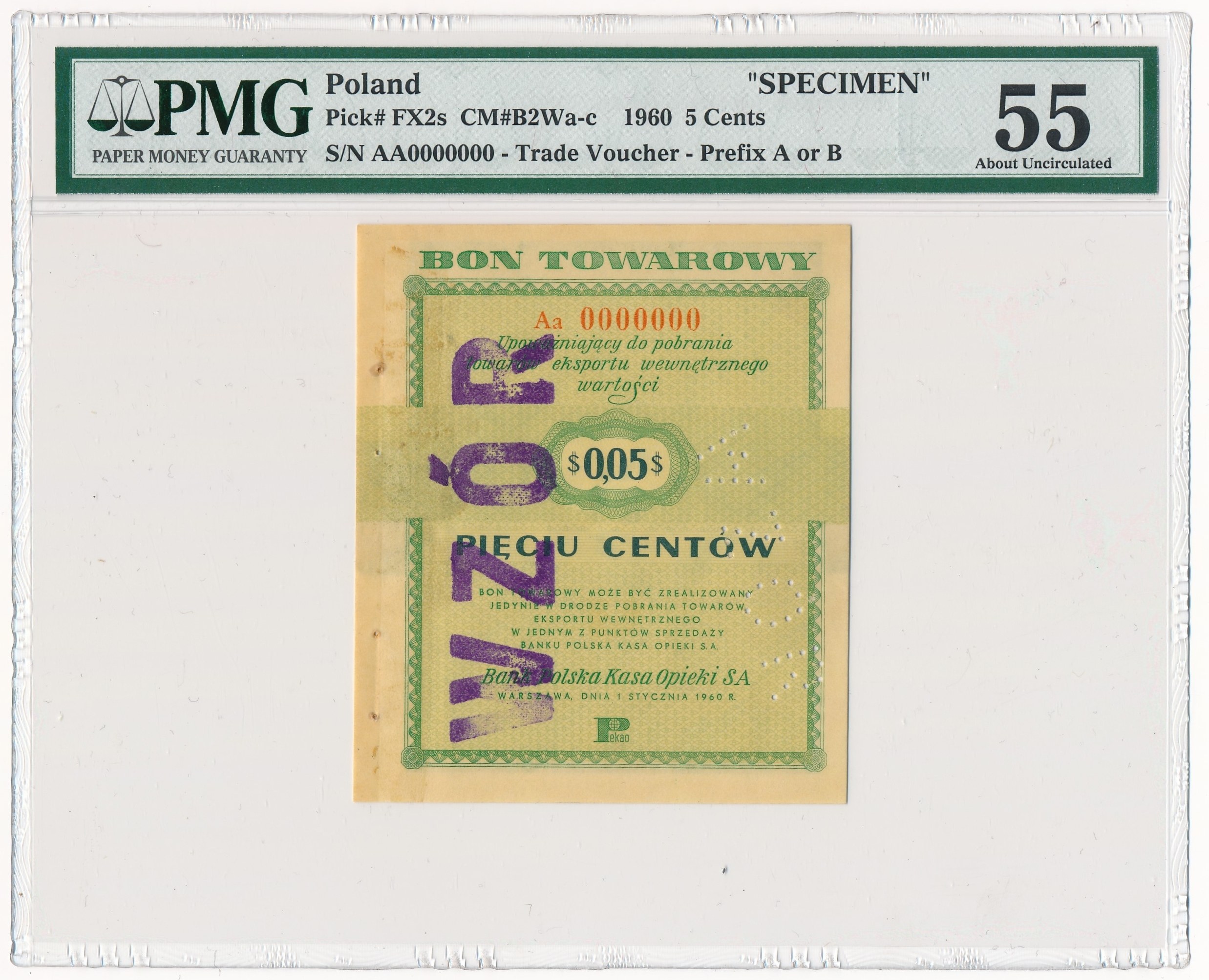 Pewex Bon Towarowy 5 centów 1960 WZÓR Aa 0000000 - PMG 55 - Aukcja ...
