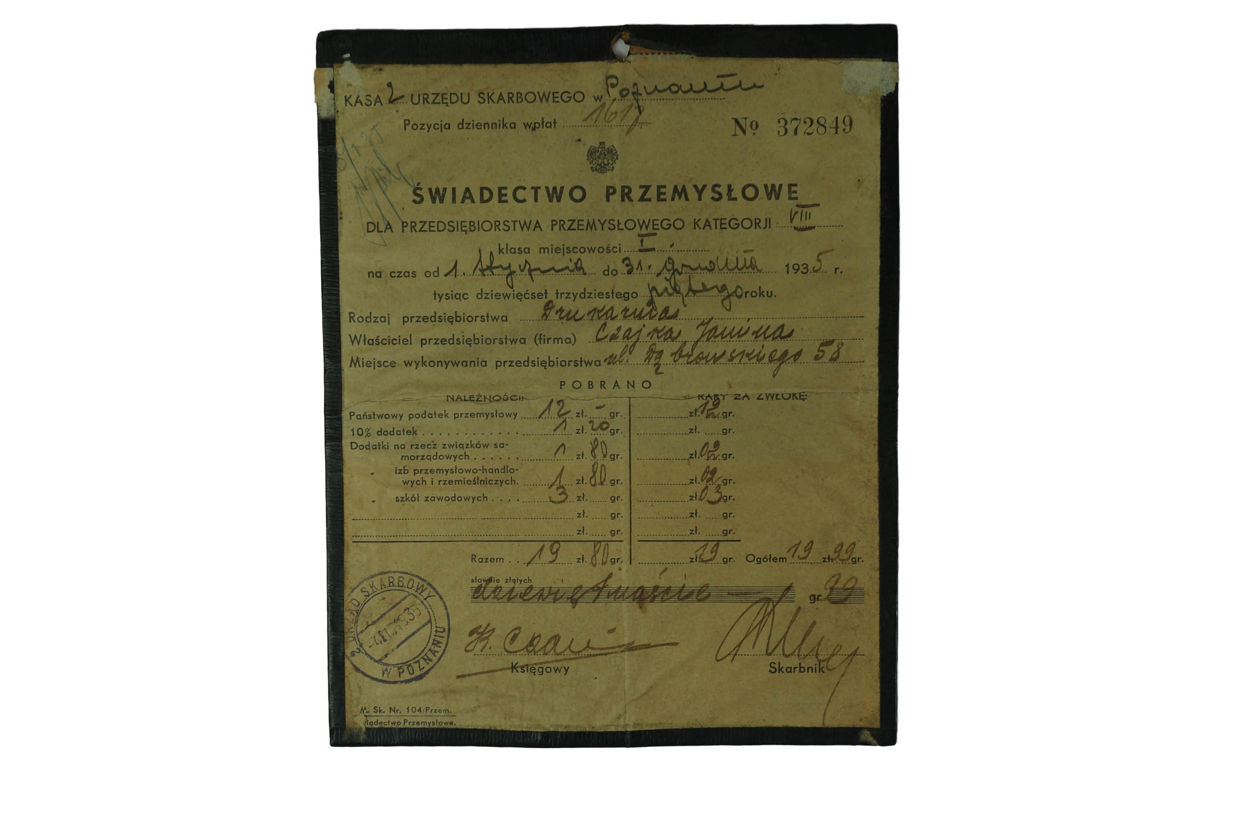 Świadectwo przemysłowe dla drukarni w Poznaniu, której właścicielem jest Czajka Janina, datowane ...