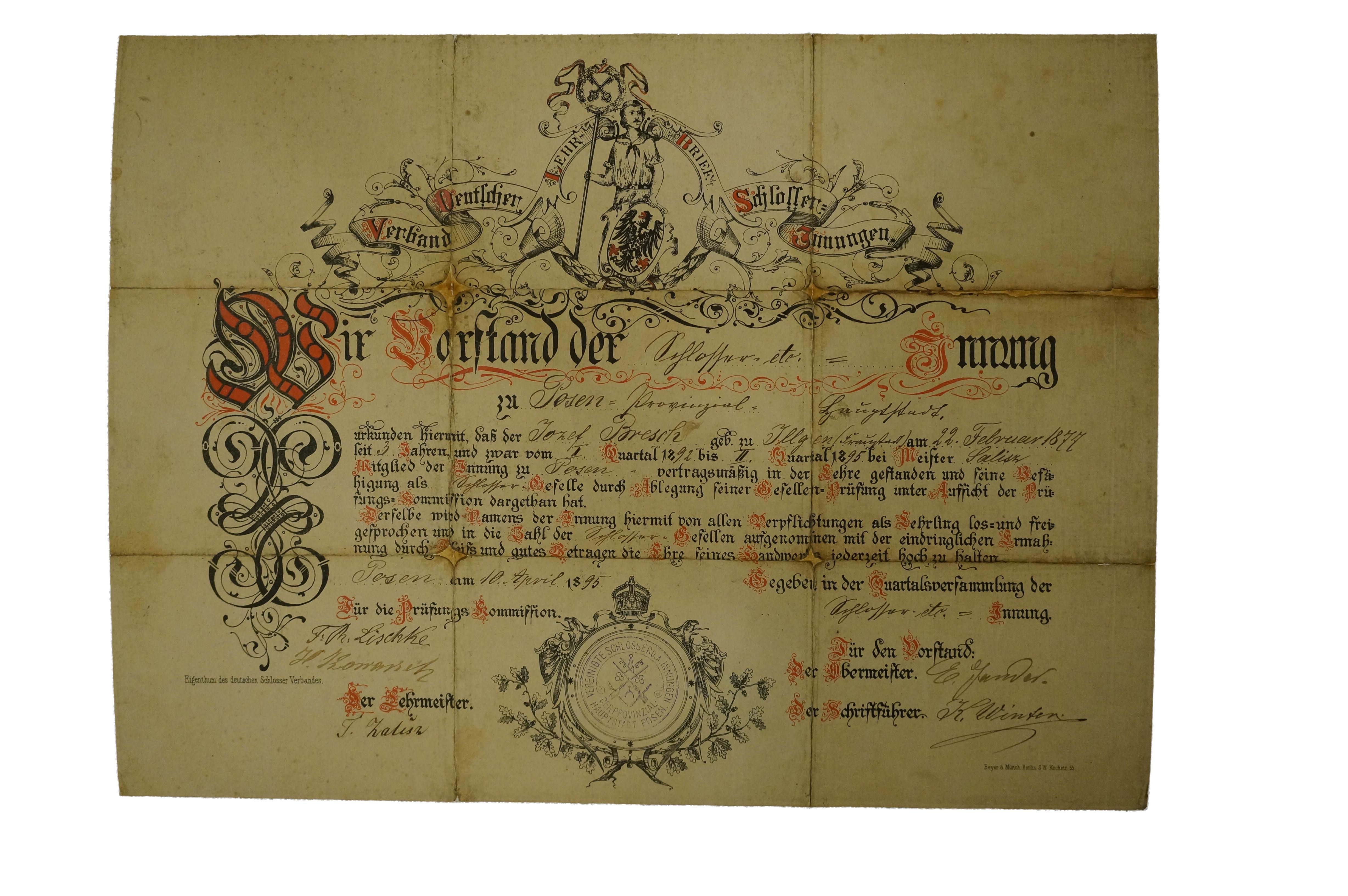 Dyplom mistrzowski w zawodzie ślusarza, Poznań 10.IV.1895r., stempel ...