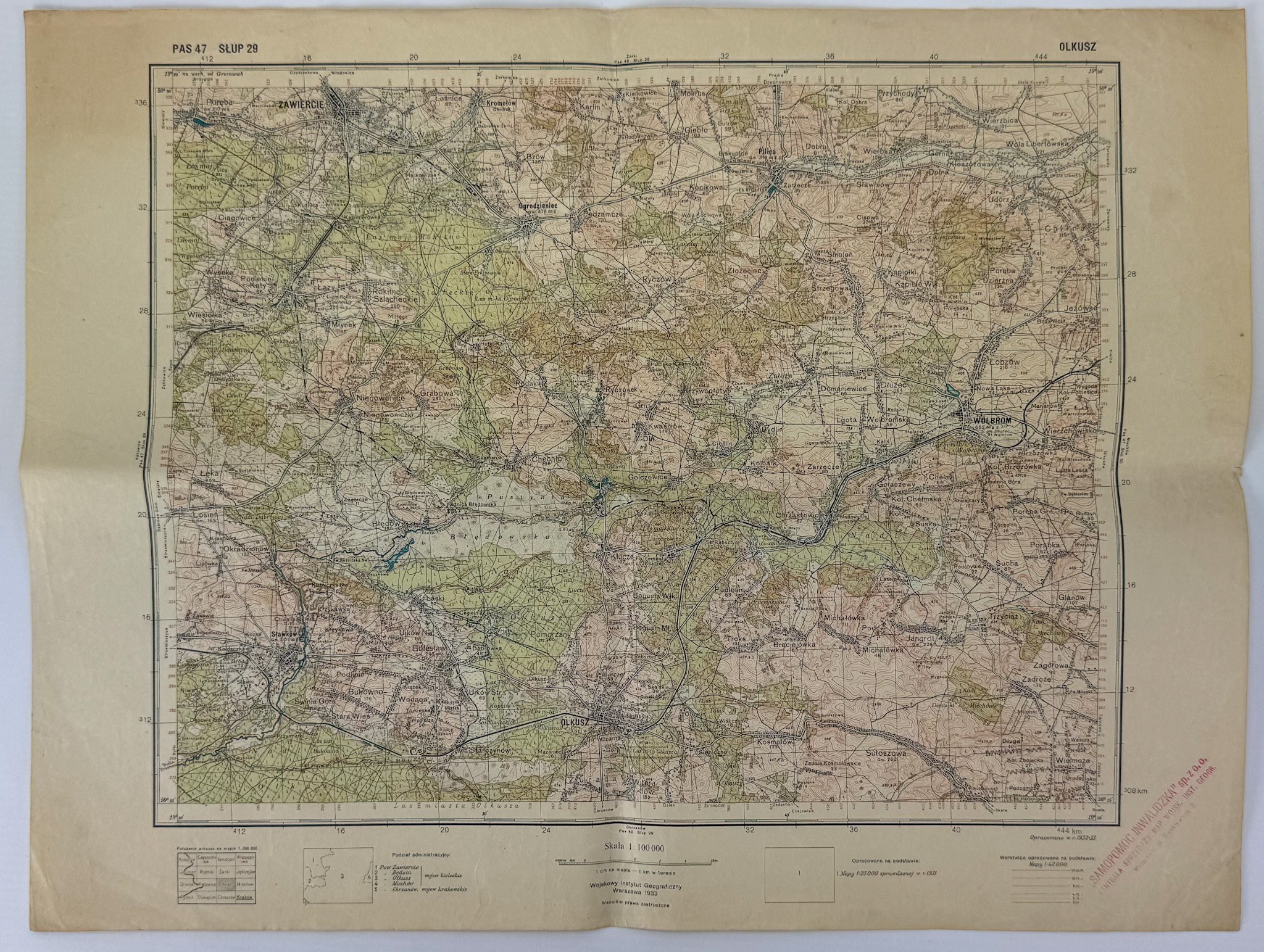 Mapa - Olkusz - Wojskowy Instytut Geograficzny - Warszawa 1933 - Aukcja ...