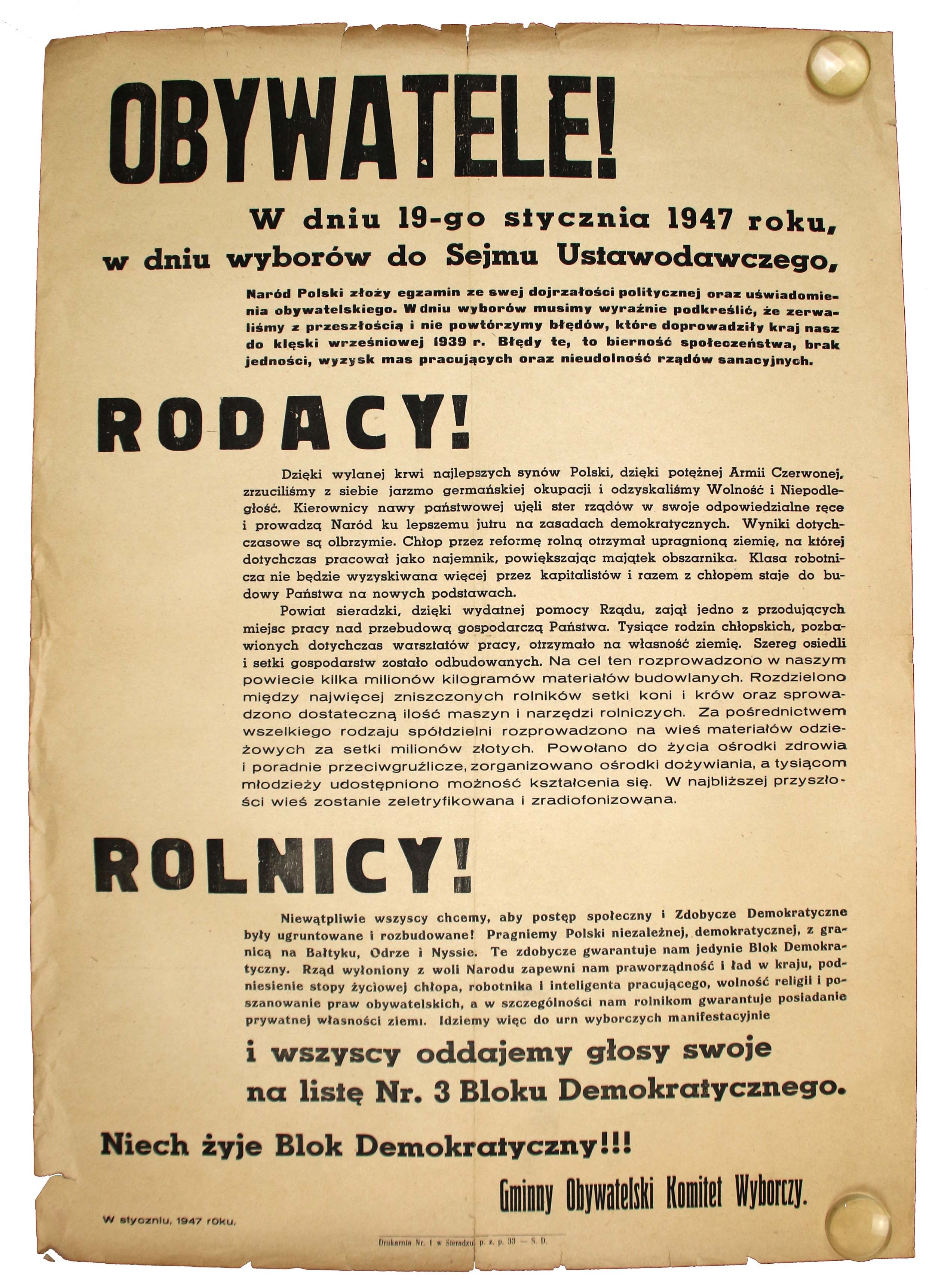 Afisz - Lista nr 3 Bloku Demokratycznego w wyborach do Sejmu Ustawodawczego z 19 stycznia 1947 ...