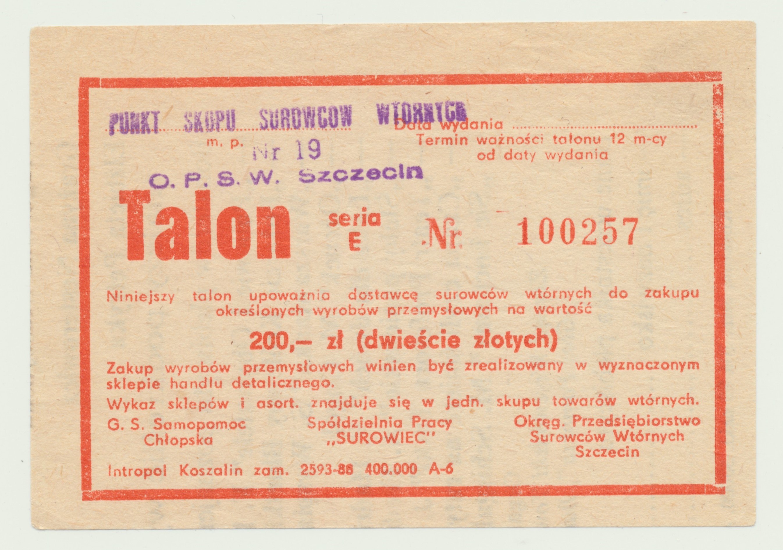 Talon na wyroby przemysłowe, 200 zł 1988, ser. E 100257, Szczecin ...