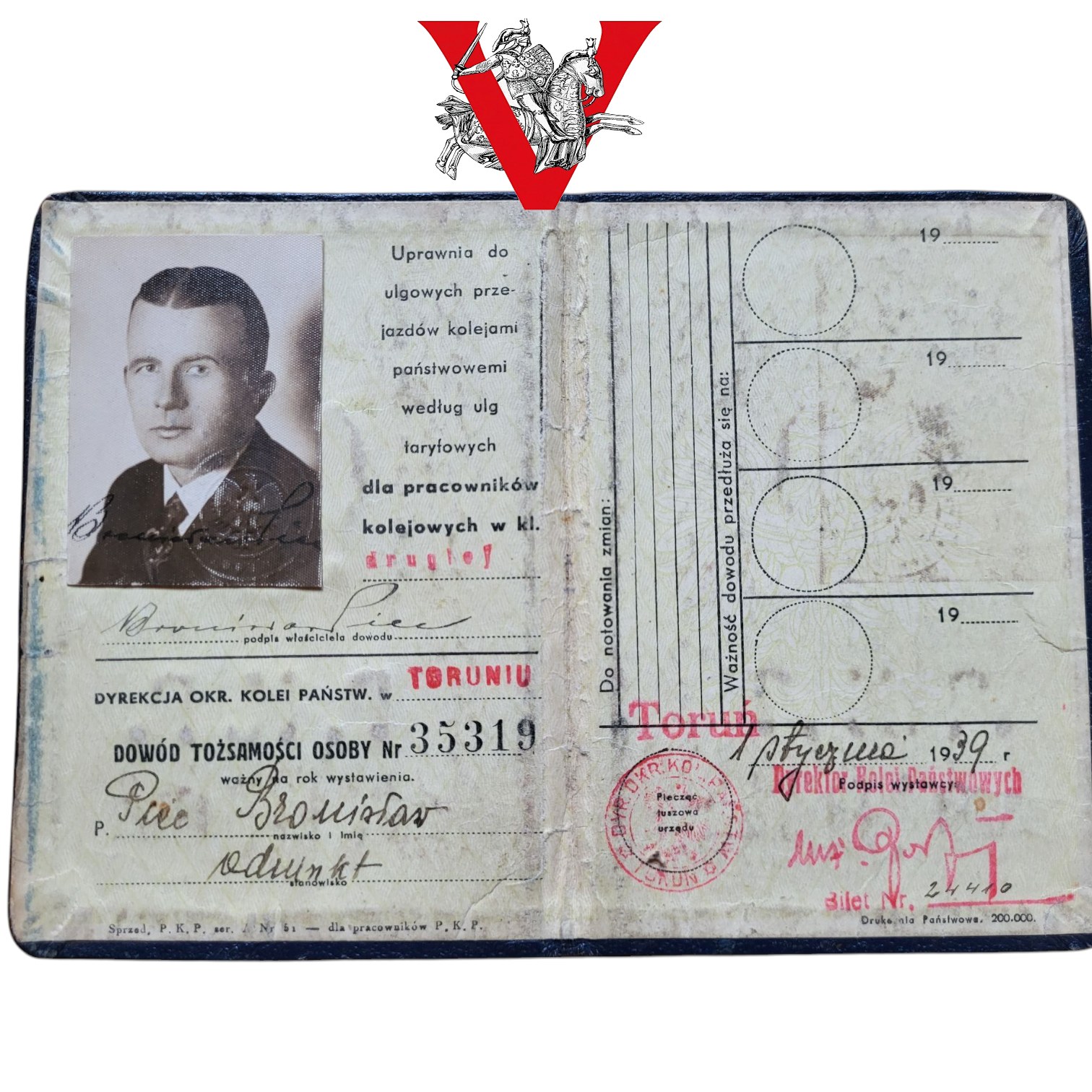 PKP, Kolejowy Dowód Tożsamości, 1939 r, Toruń, Sierżant 51 PP Pułk ...