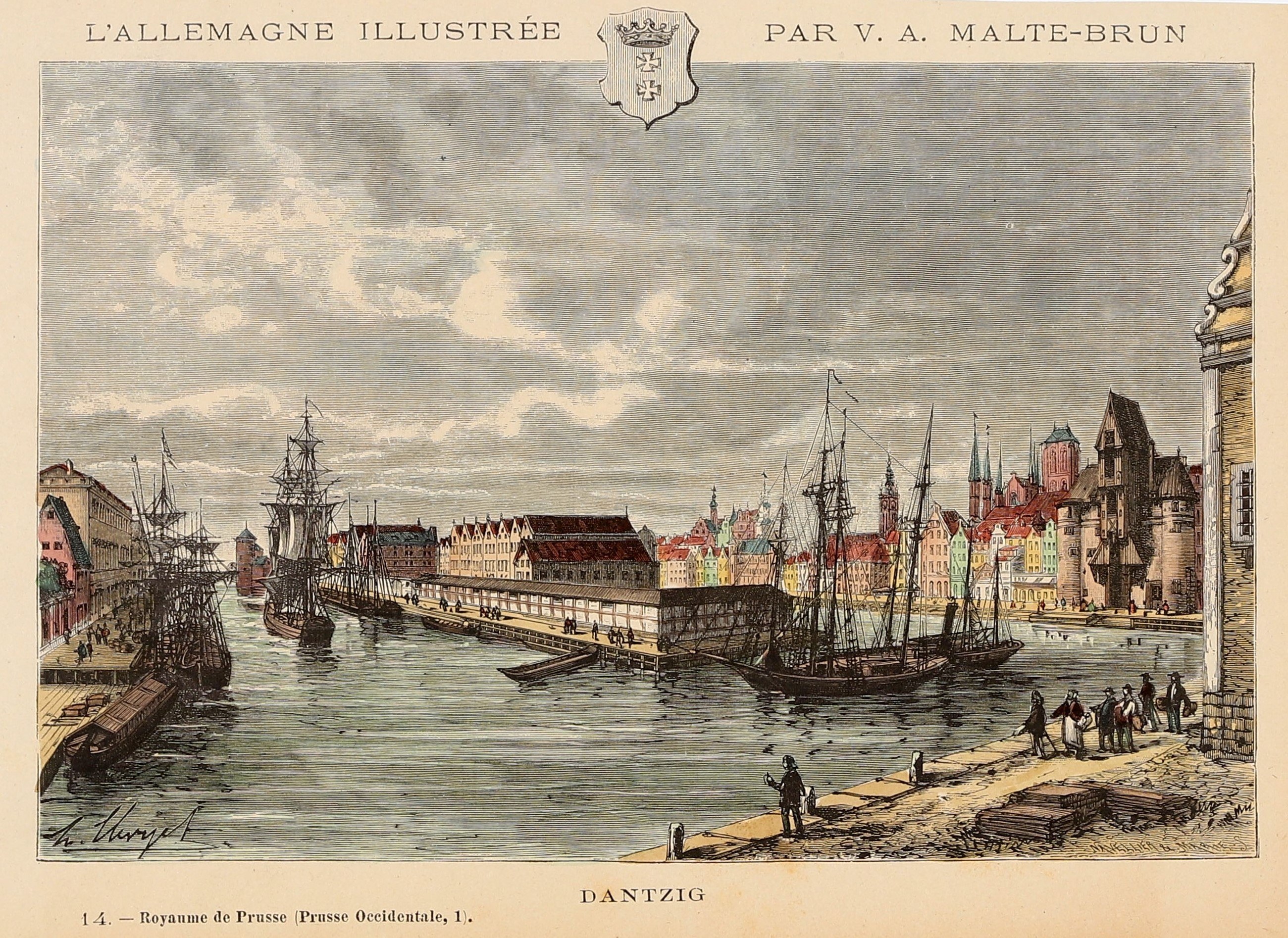 GDAŃSK. Widok z Ołowianki na wyspę Spichrzów; ryt. Navellier i Marie, rys. H. Clerget, 1885 ...