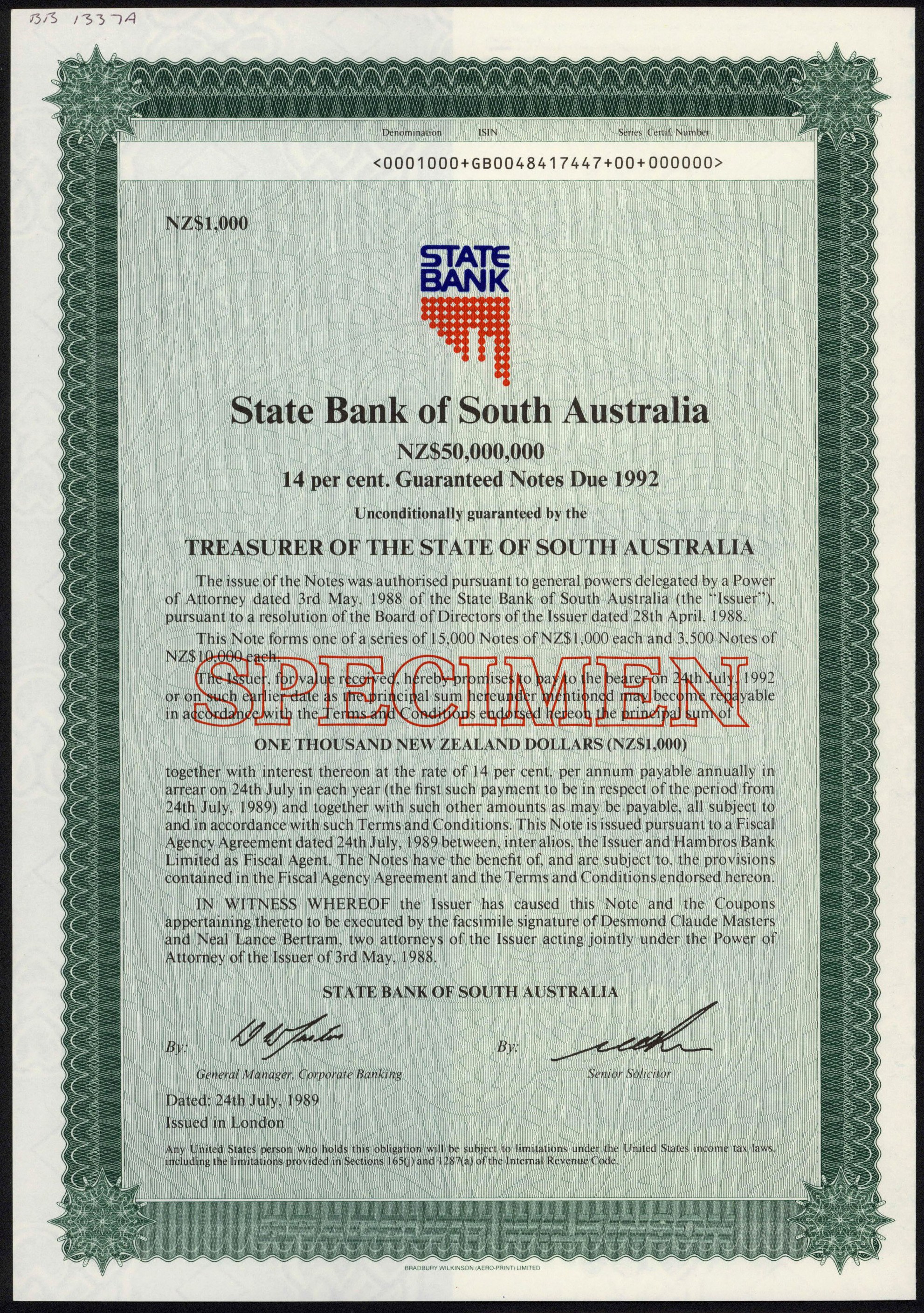 State Bank of South Australia, SPECIMEN Obligacji 1.000 Dollars 1988 ...