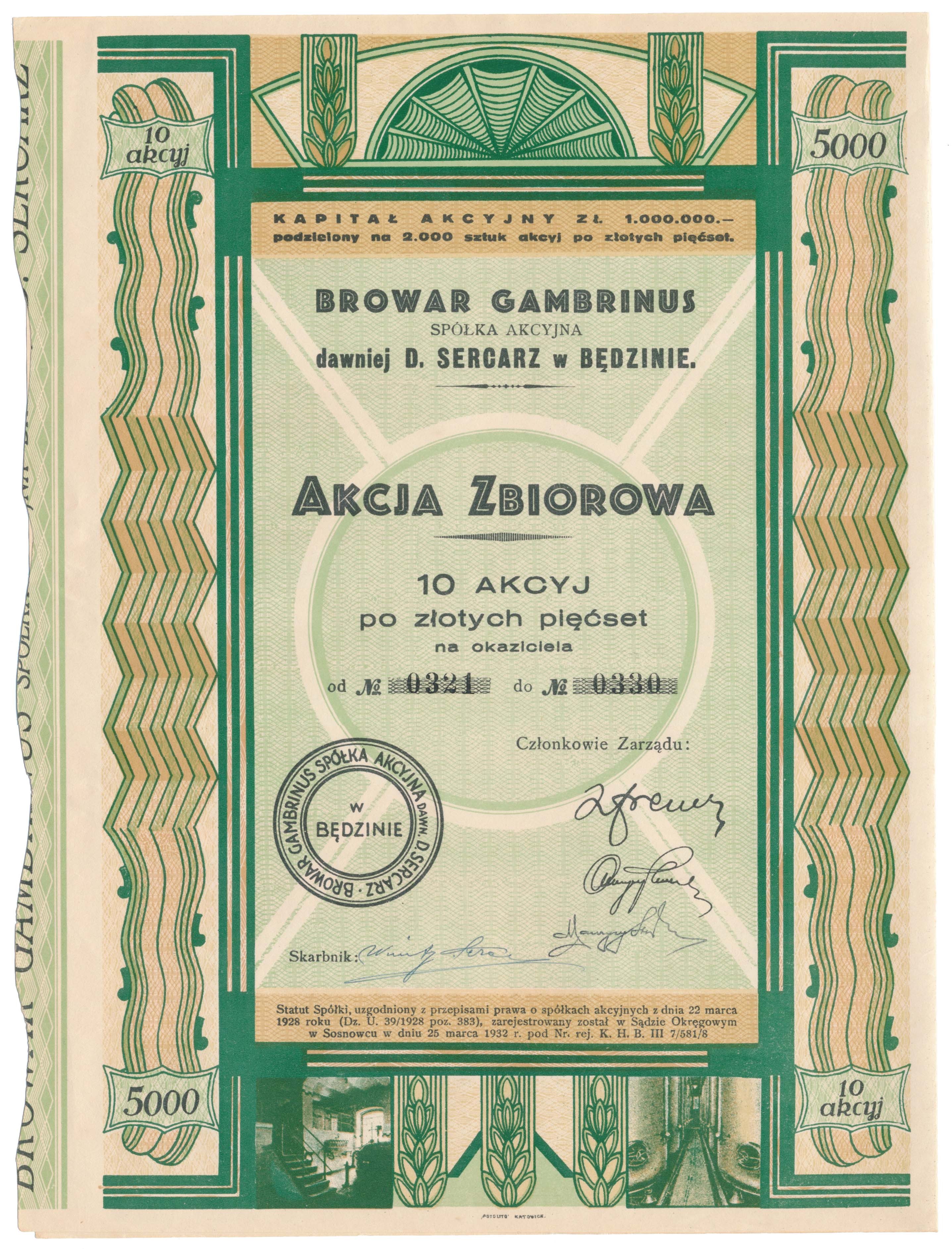Browar GAMBRINUS dawniej D. SERCARZ w Będzinie, 10x 500 zł 1932 ...