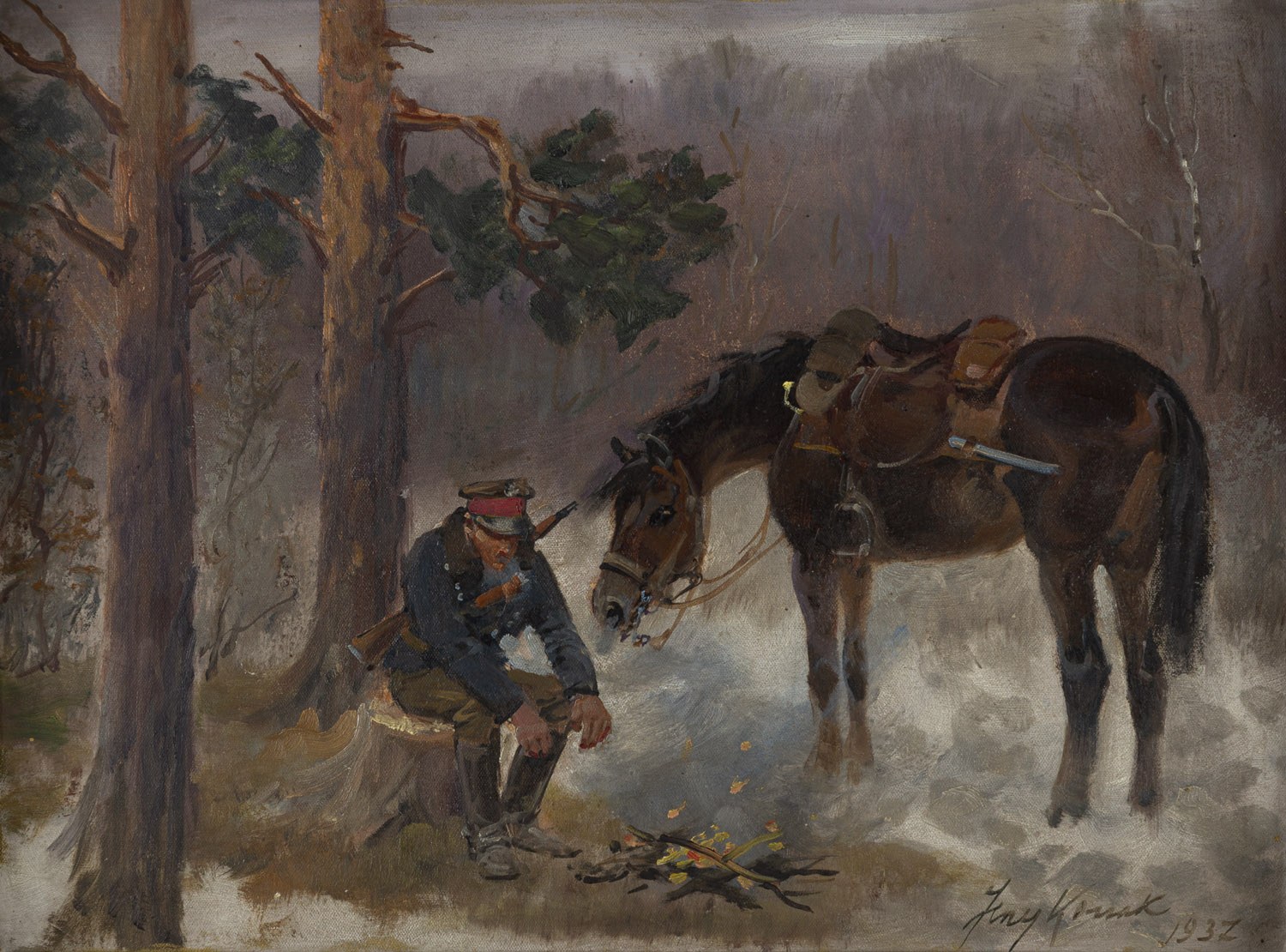 Jerzy Kossak (1886 Kraków - 1955 Kraków), Odpoczynek przy ognisku, 1937 ...