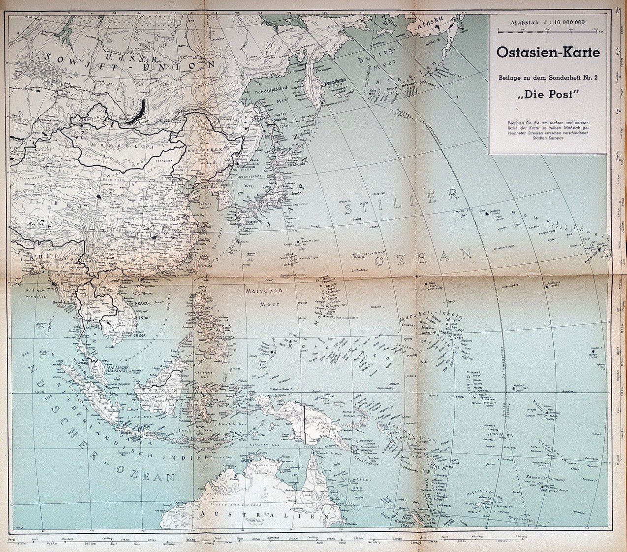 Mapa Azji wschodniej, obszar Pacyfiku i Ocean Indyjski - ok 1943 rok ...