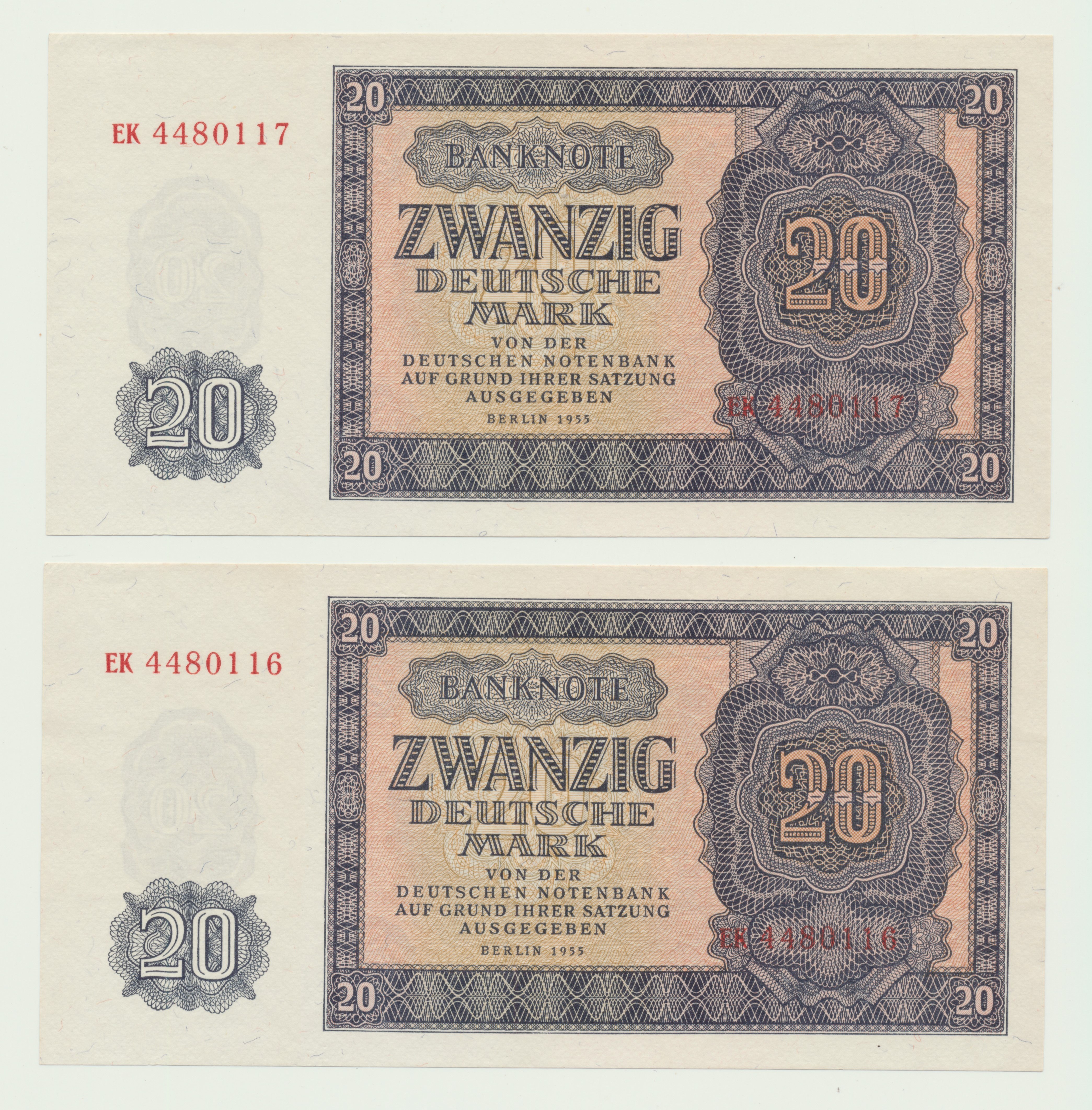 Germany, DDR, 20 marks 1955, ser. EK, 2 pieces, consecutive banknotes ...