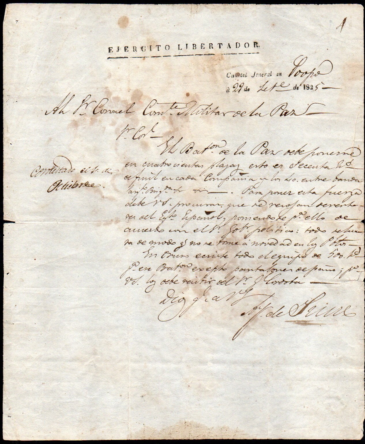 Bolivia. Letter Written & Signed By Jose Antonio de Sucre Poopo 29 ...