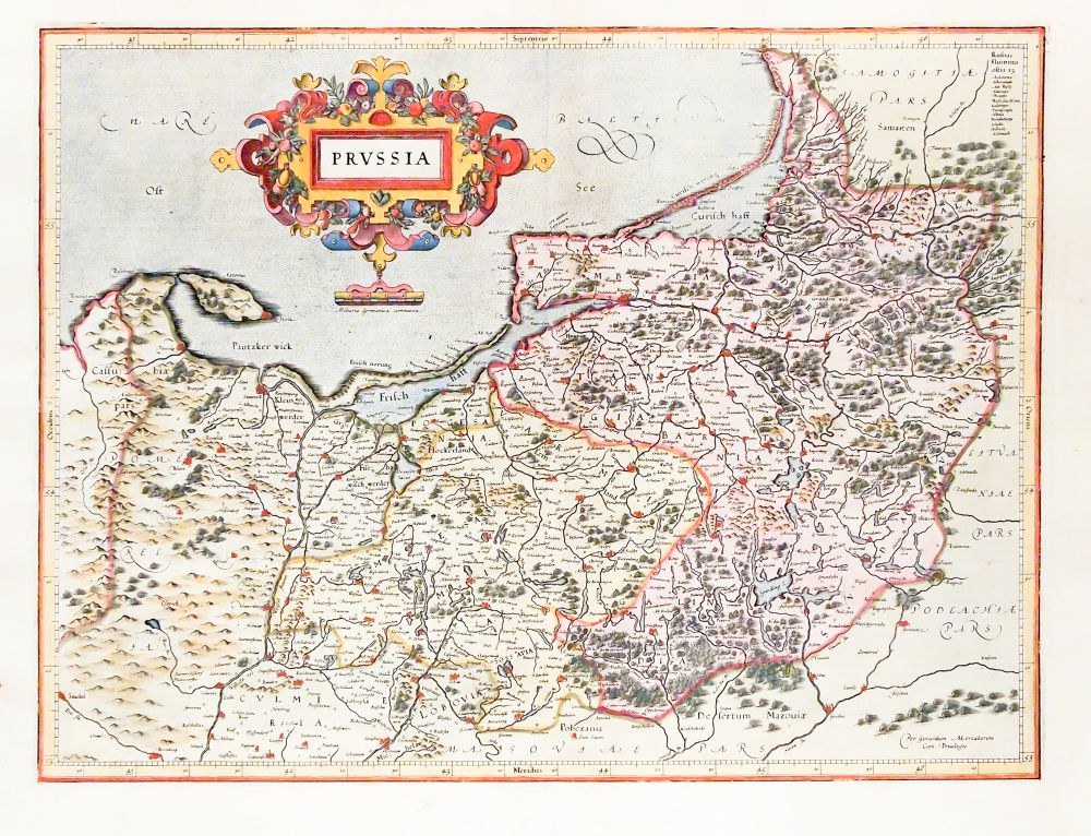 PRUSY. Mapa Prus, pochodzi z francuskiego wyd. dzieła Gerarda Merkatora ...