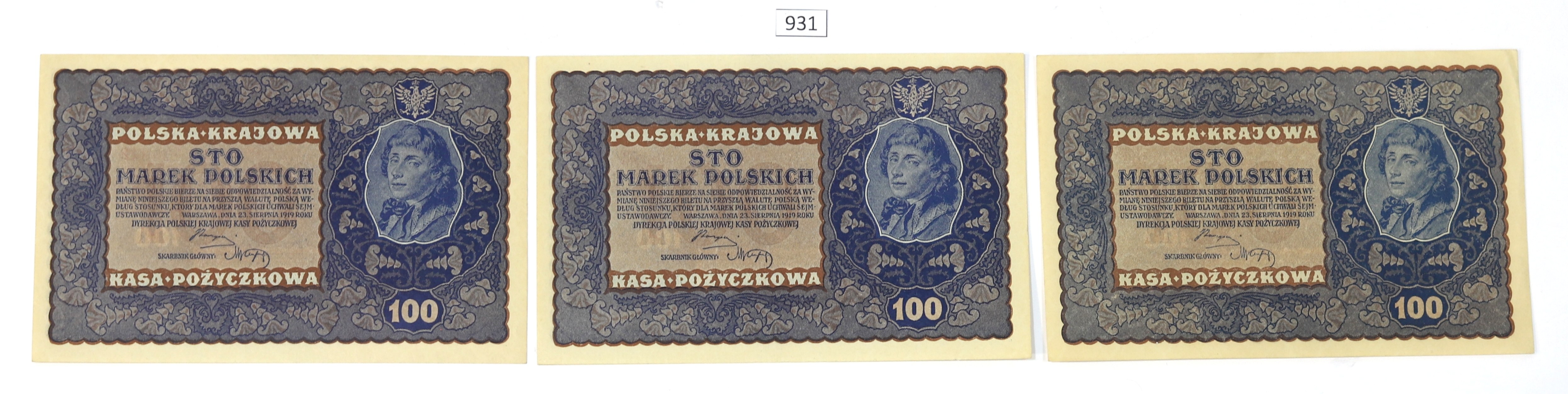 II RP, 100 marek polskich 1919 IH Serja Z i IF Serja F - zestaw 3 egz ...