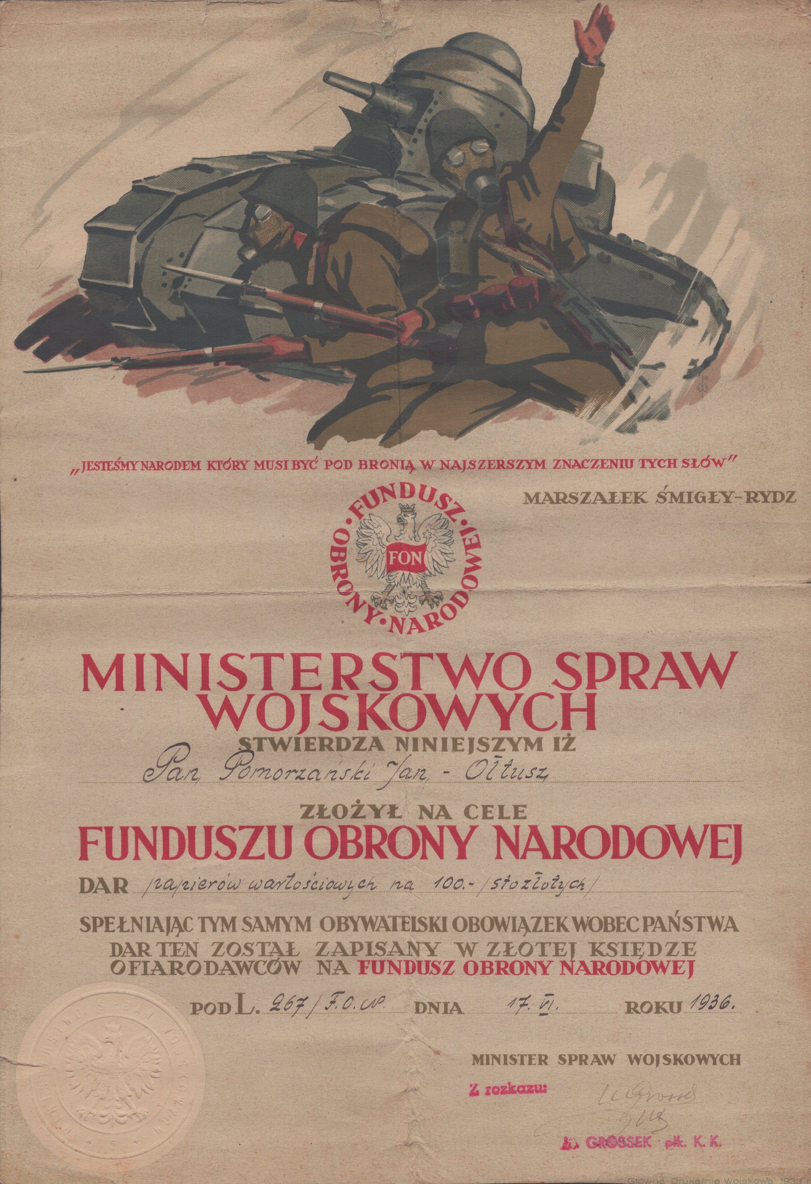 [NATIONAL DEFENSE FUND, MINISTRY OF MILITARY AFFAIRS] Diploma ...
