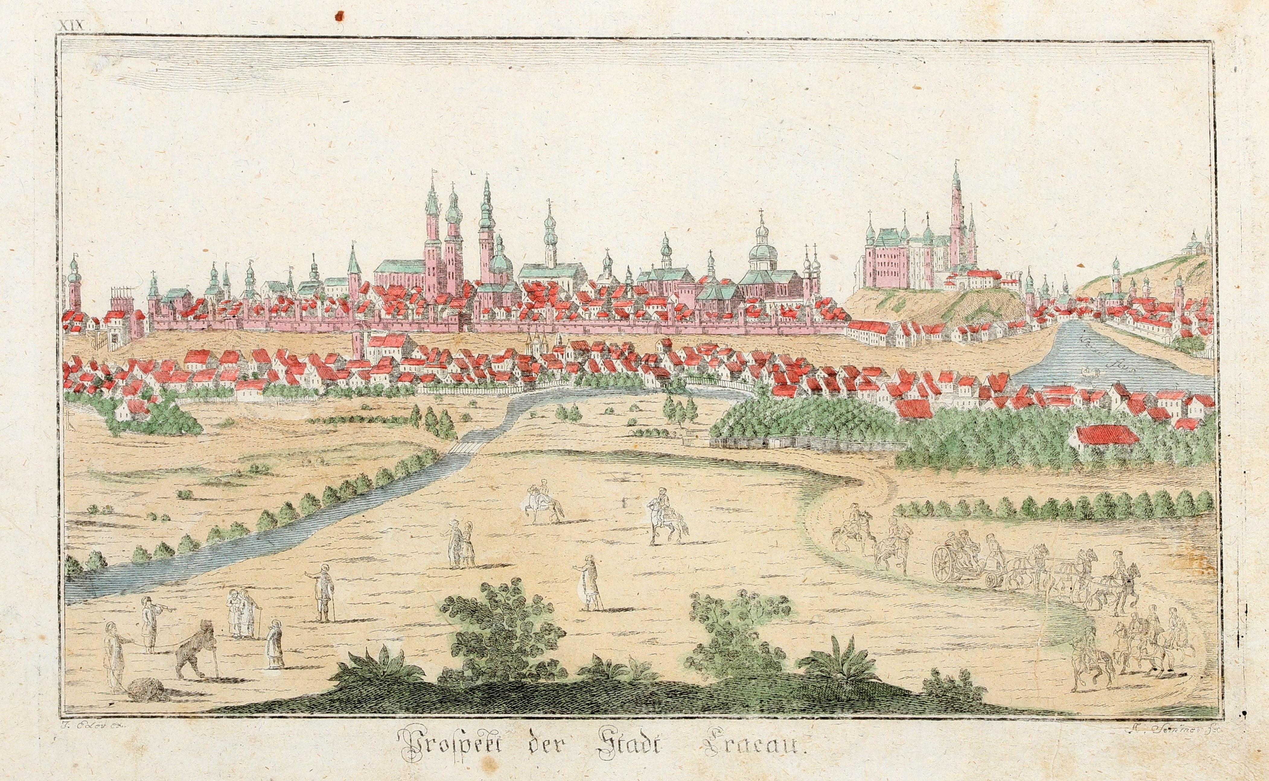 KRAKÓW. Panorama miasta; ryt. A. Sommer, wyd. J. Eder, ok. 1760; miedz ...