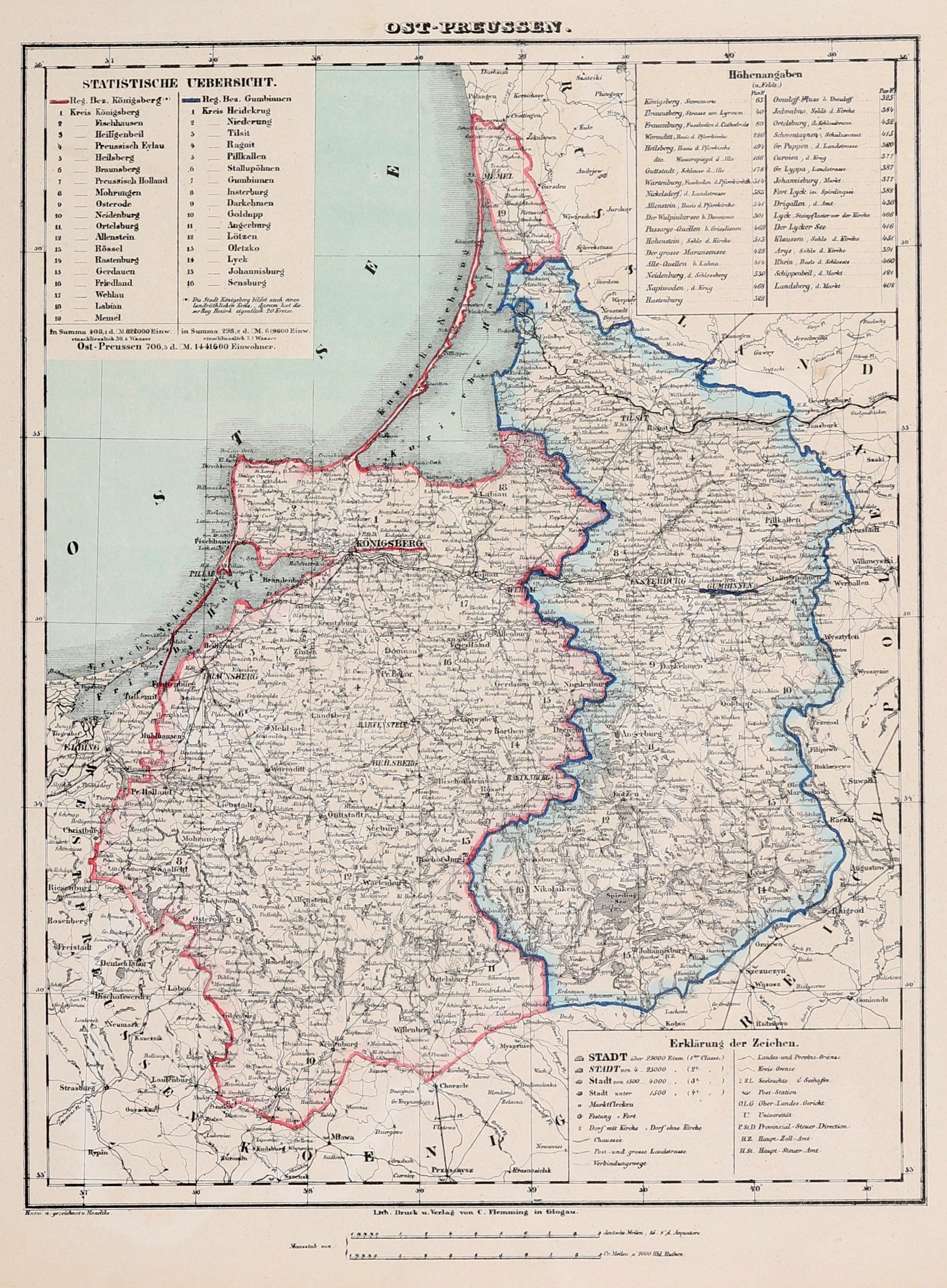 PRUSY WSCHODNIE, KŁAJPEDA. Mapa Prus Wschodnich; zaznaczony podział na ...