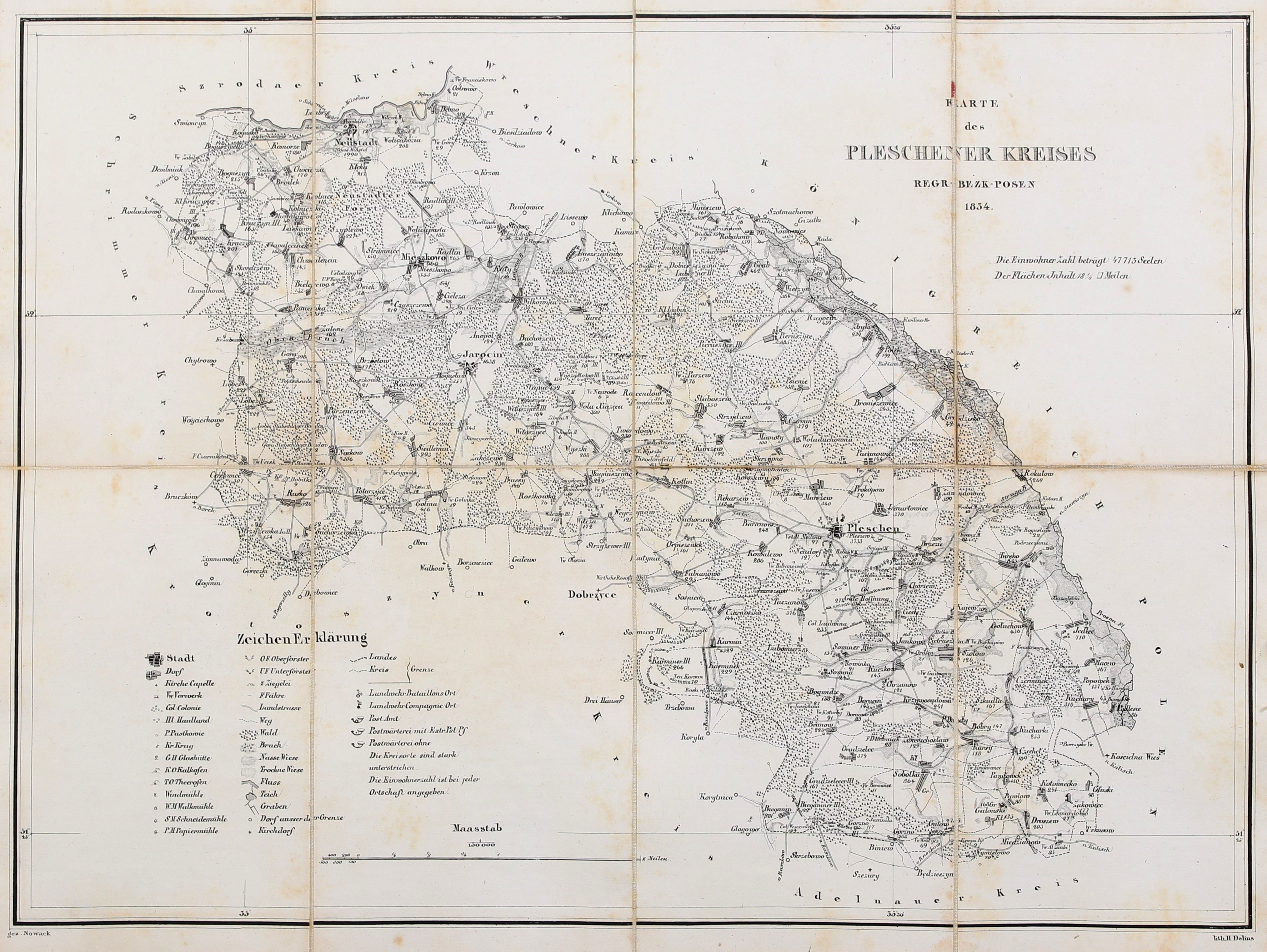 PLESZEW. Mapa powiatu pleszewskiego; lit. H. Delius, rys. Nowack, 1834 ...