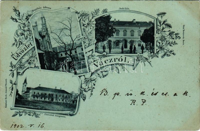 1902 Vác, Fegyház udvara, Piaristák temploma, indóház, vasútállomás ...
