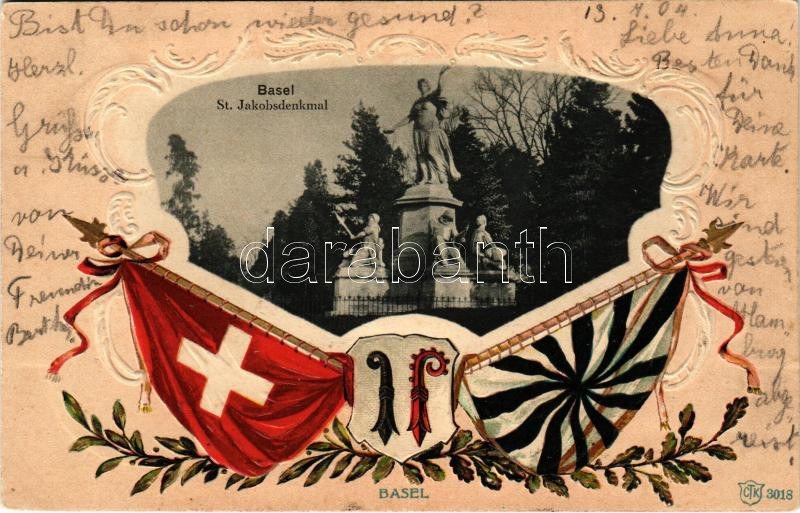1904 Basel, St. Jacobs Denkmal / monument, coat of arms, flags. Art ...