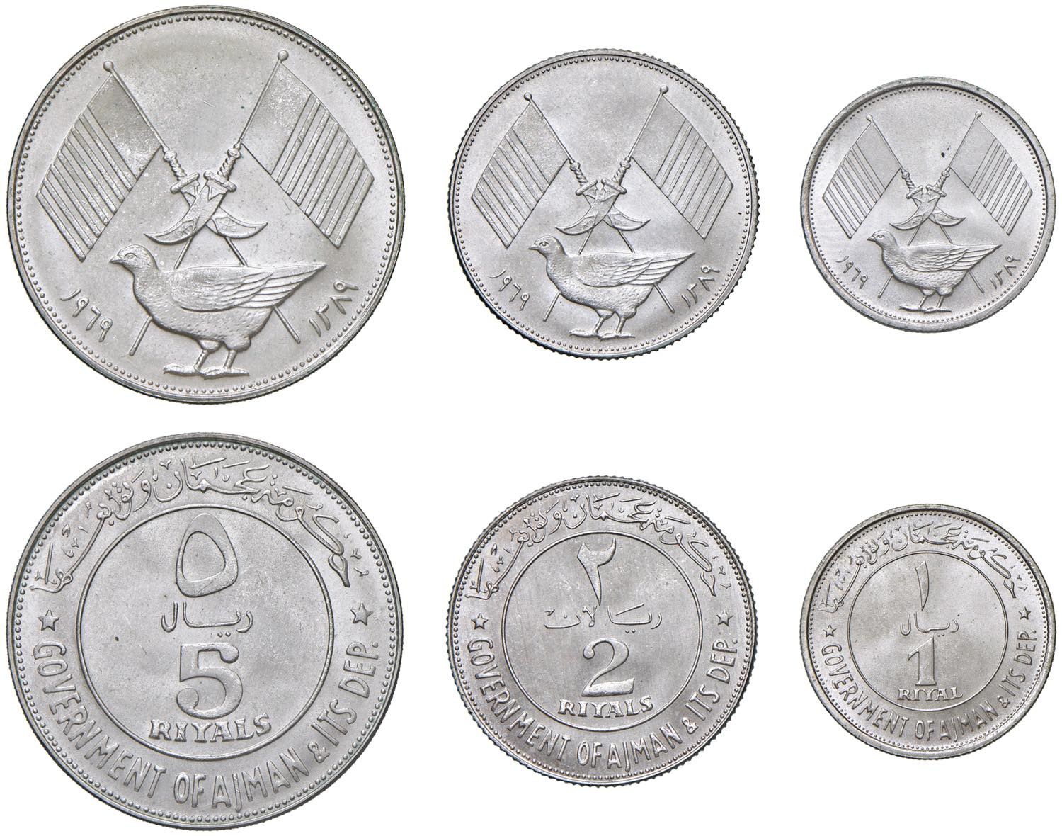 Foreign coins - AJMAN Serie di 3 valori da 5, 2 e 1 Riyals AH 1389 ...