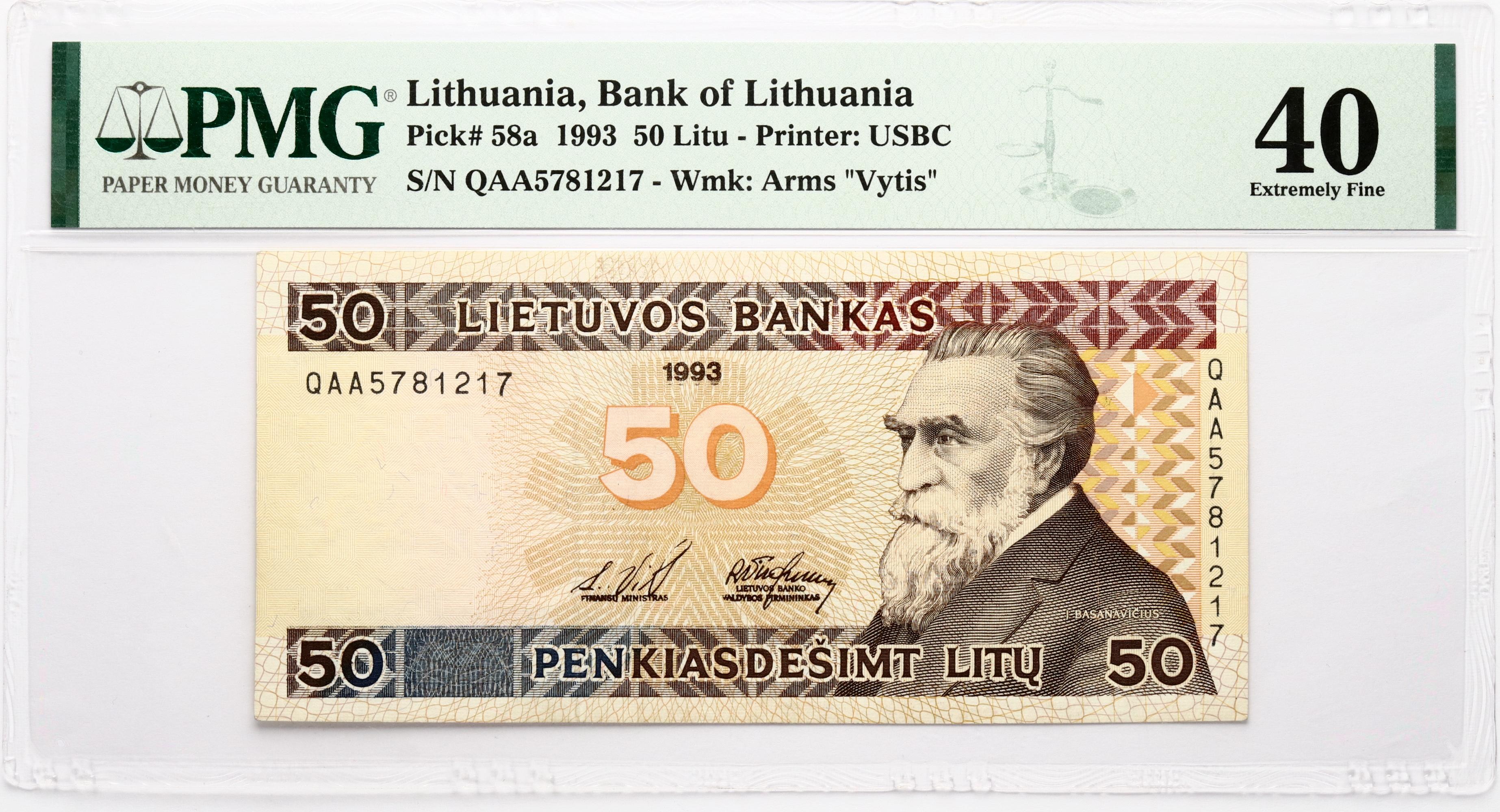 Litwa 50 Litu 1993 Basanavicius Fuzzy date PMG 40 Extremely Fine ...