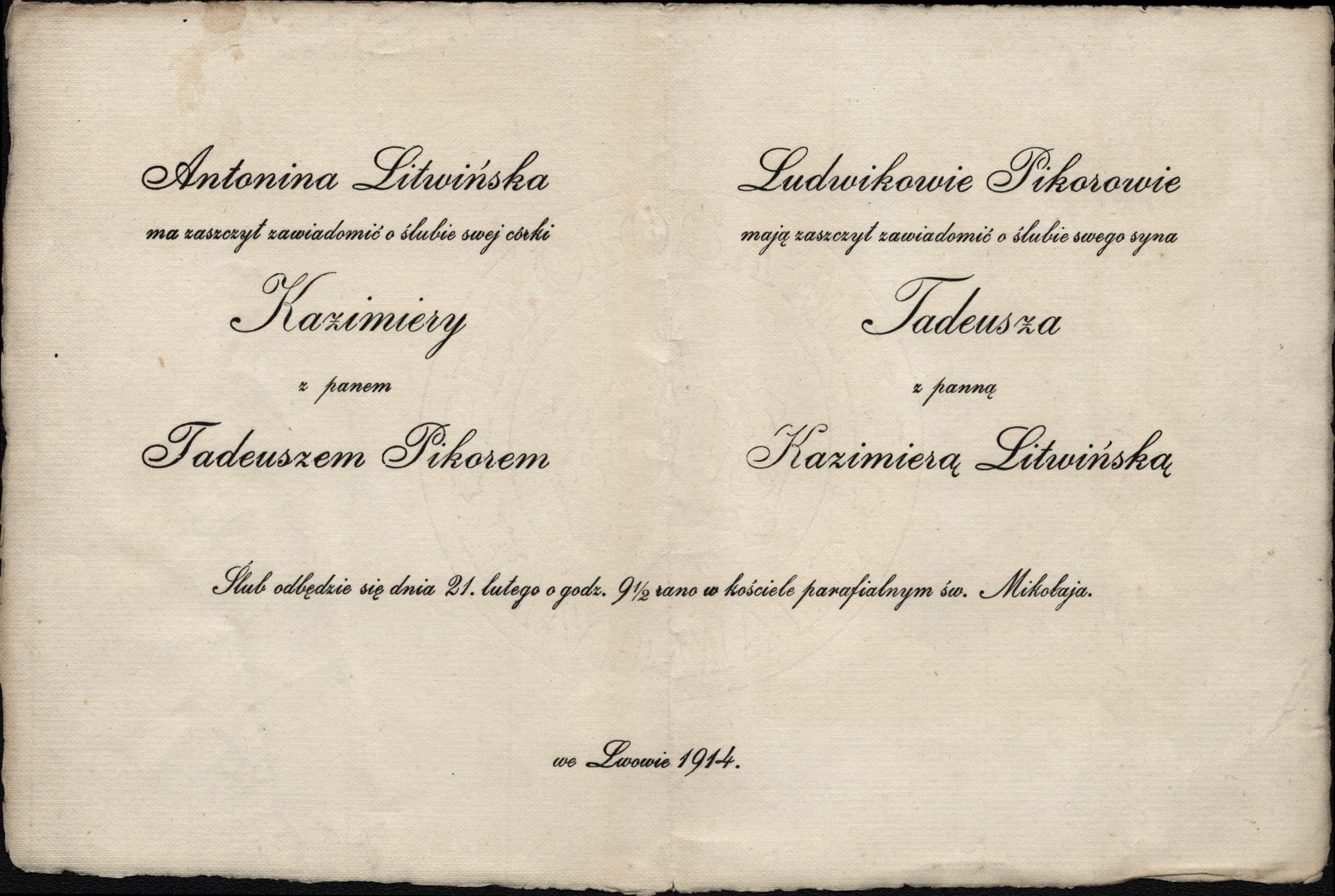 [Lviv] Wedding Notice. Lviv 1914. "Antonina Litwinska has the honor to ...