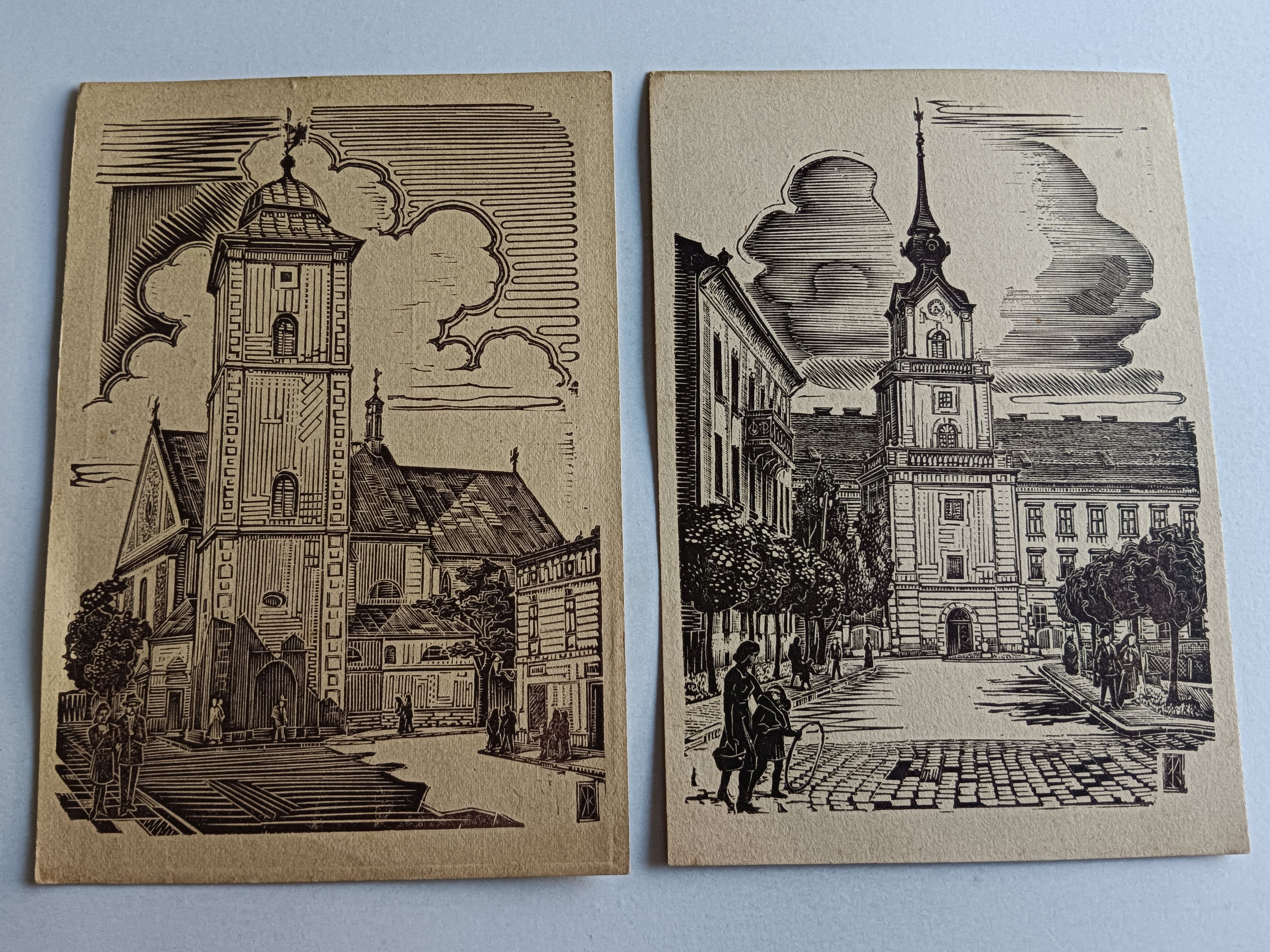 SET OF 4 POSTCARDS RZESZOW WOODCUT KIERNAS 1944, POST OFFICE BUILDING ...