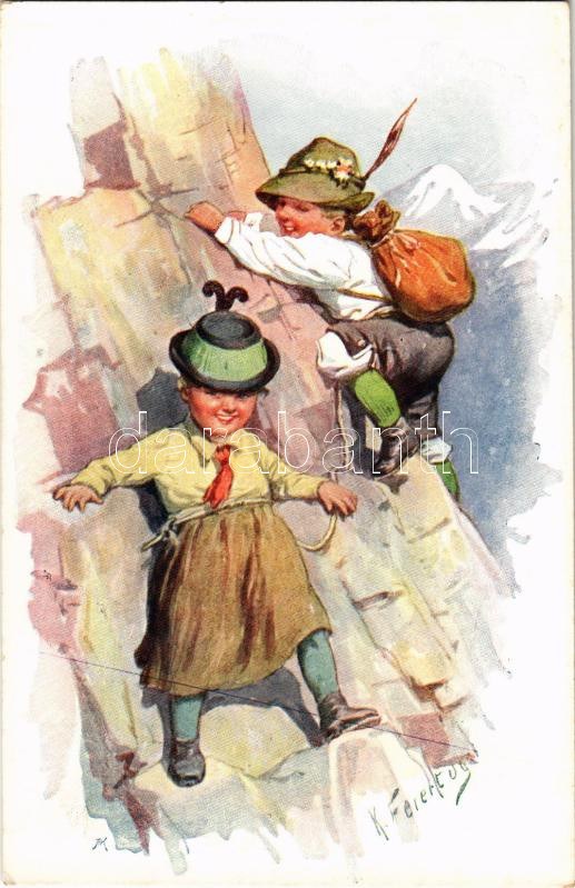 Tyrolean folklore art postcard, hiking. B.K.W.I. 775-4. s: K. Feiertag ...