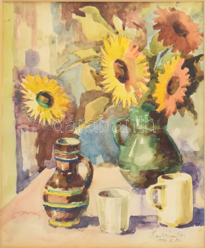 Szendrő Miklós: Napraforgós csendélet. Akvarell, papír, jelzett ...