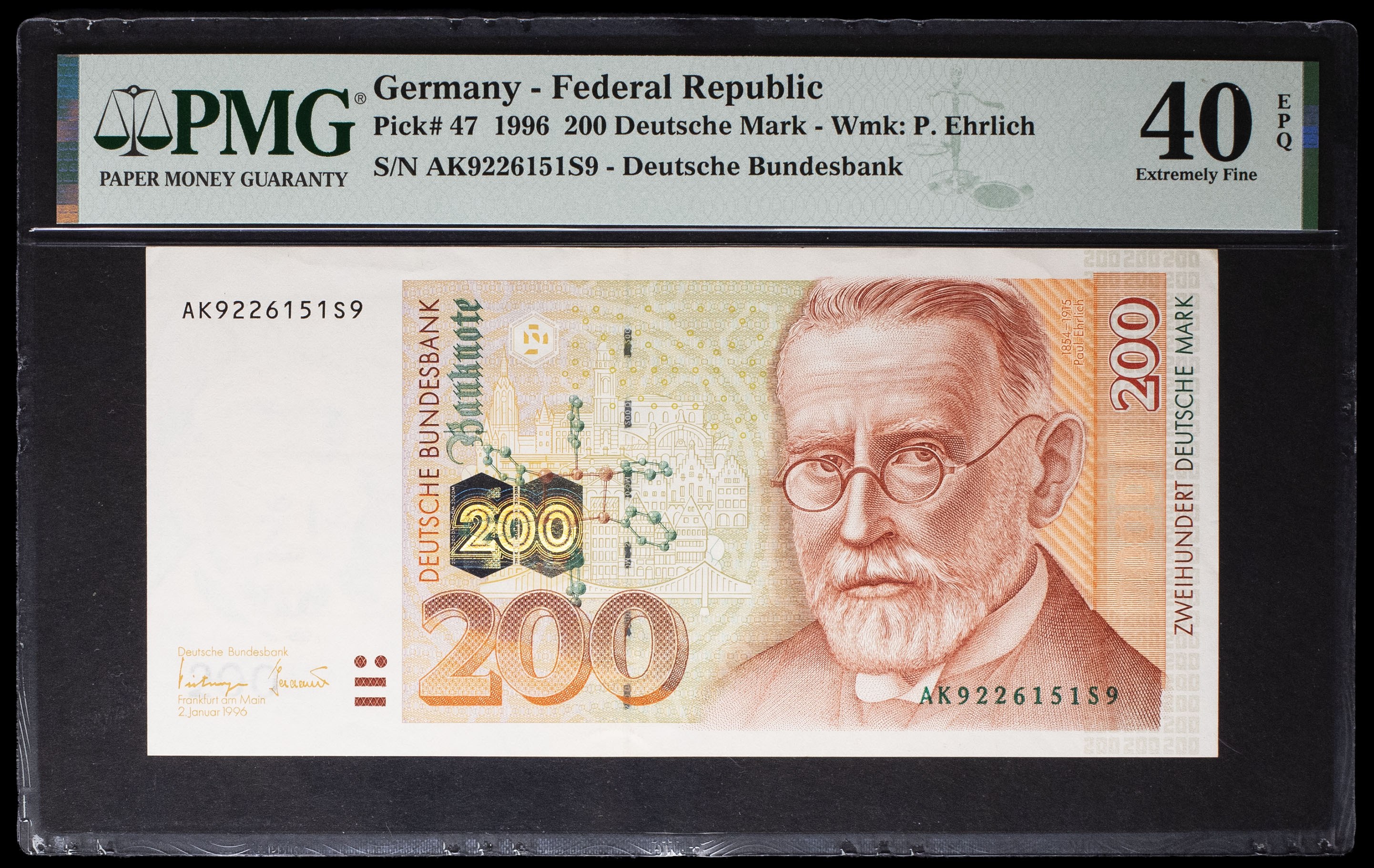 200 Deutsche Mark typu "Paul Ehrlich" zmieniony 2 stycznia 1996 r ...