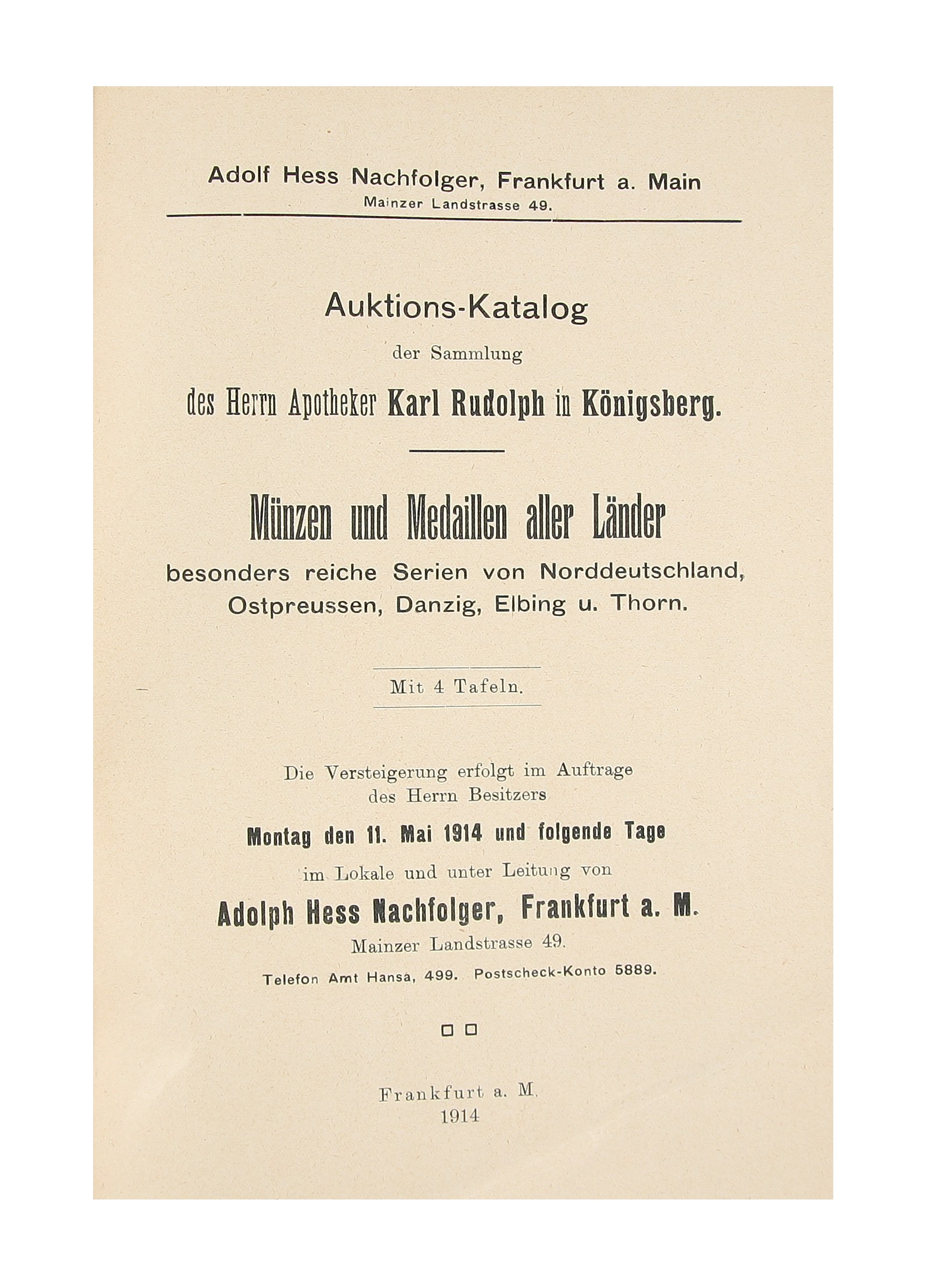 Adolph Hess, katalog aukcyjny, Sammlung des Herrn Apotheker Karl ...